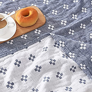 jinchan Boho 100% Cotton Blanket Muslin Lightweight Twin Size Quilted Throw Blanket for Couch Soft Cozy All Season Blanket 3-Layer Floral Throw Cotton Blanket for Bedroom Decor Blue 60”x80“