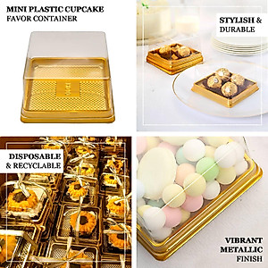 Efavormart 50 Pack | Clear/Gold Square Mini Plastic Dessert Party Favor Boxes, Cupcake Muffin Food Containers - 4"X4"X2.5"