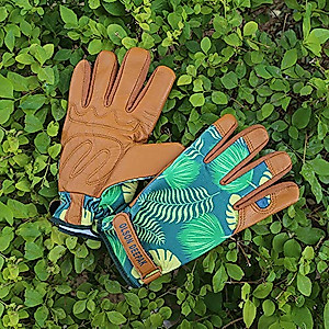 OLSON DEEPAK Womens Gardening Gloves with Grain Leather for Yard Work, Rose Pruning and Daily Work perfect fitting for women Garden Gloves with Fashion palm leaf pattern(Medium, normal-cuffs)