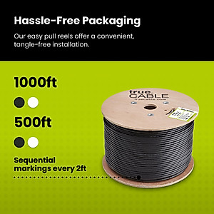 trueCABLE Cat5e Outdoor, Unshielded UTP, 1000ft, UV Resistant, CMX Rated, Black, 24AWG Solid Bare Copper, 350MHz, PoE++ (4PPoE), ETL Listed, Bulk Ethernet Cable