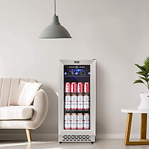 COLZER 15 inch Beverage Refrigerator with Glass Door 126 Cans Mini Beverage Cooler Under Counter Freestanding Built in Centre Garage Fridge with Lock for Drink Beer Soda Wine Water