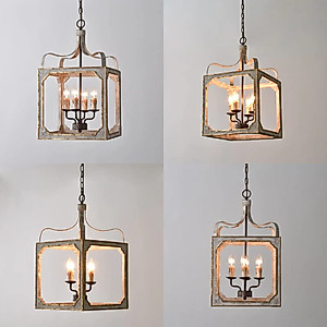 JiuZhuo French Country Rustic 4-Light Square Lantern Farmhouse Chandelier Lighting Hanging Ceiling Fixture Metal and Wood in Antique Gray & Antique Gold