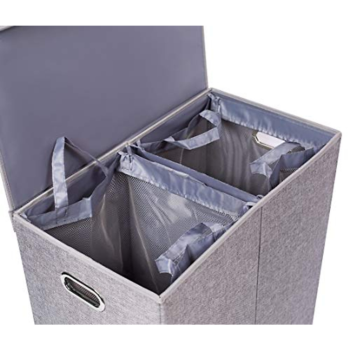 BIRDROCK HOME Premium 2 Section Linen Collapsible Laundry Hamper with 4 Load Capacity | Removable Mesh Bags, Magnetic Lid and Sturdy MDF Board | Stylish Dual Compartment Clothes Hamper | Grey