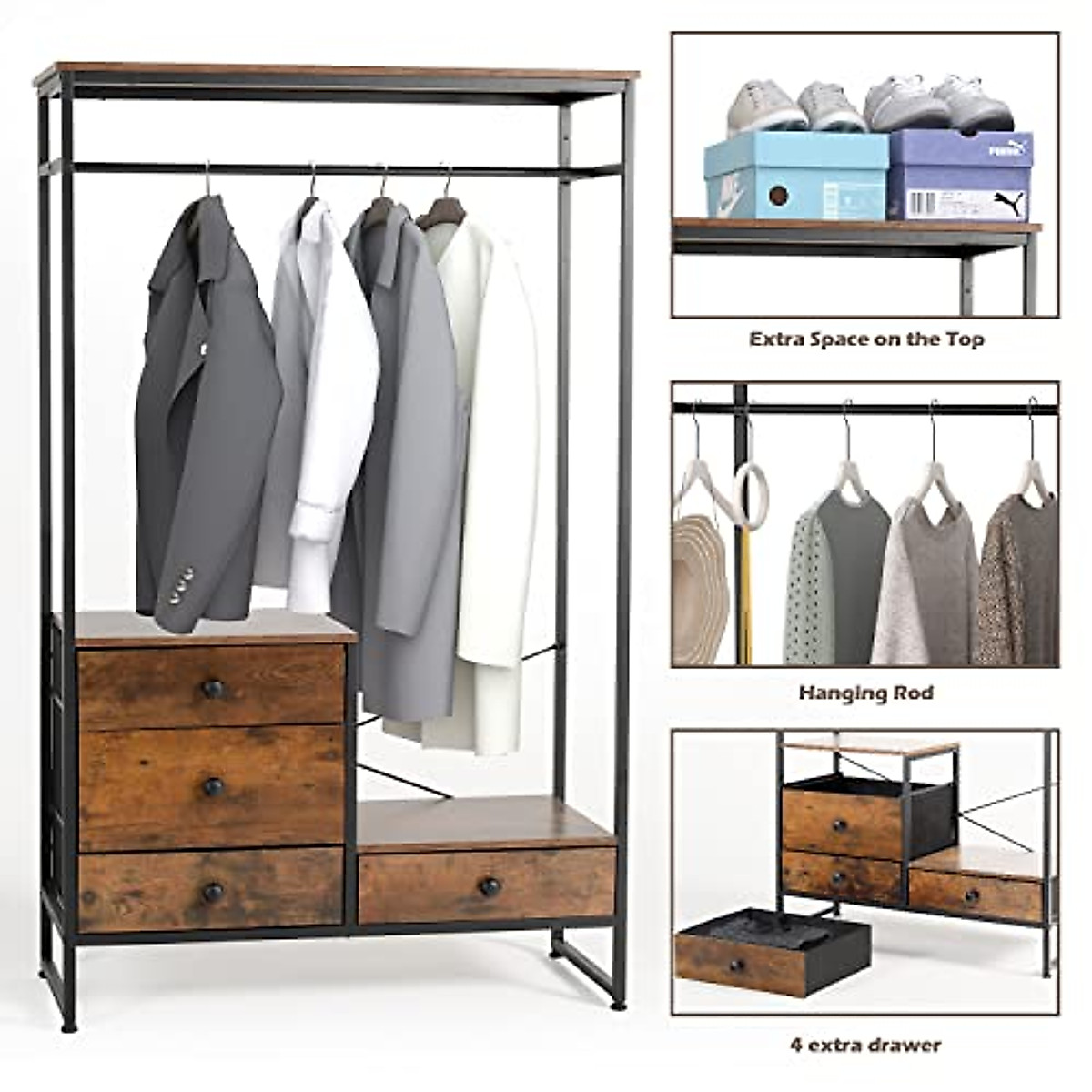 YIGOBUY Free Standing Closet Organizer Heavy Duty Garment Rack with 4 Drawers Extra Large Entryway Hall Tree with Shoe Storage Wardrobe Clothes Garment Rack