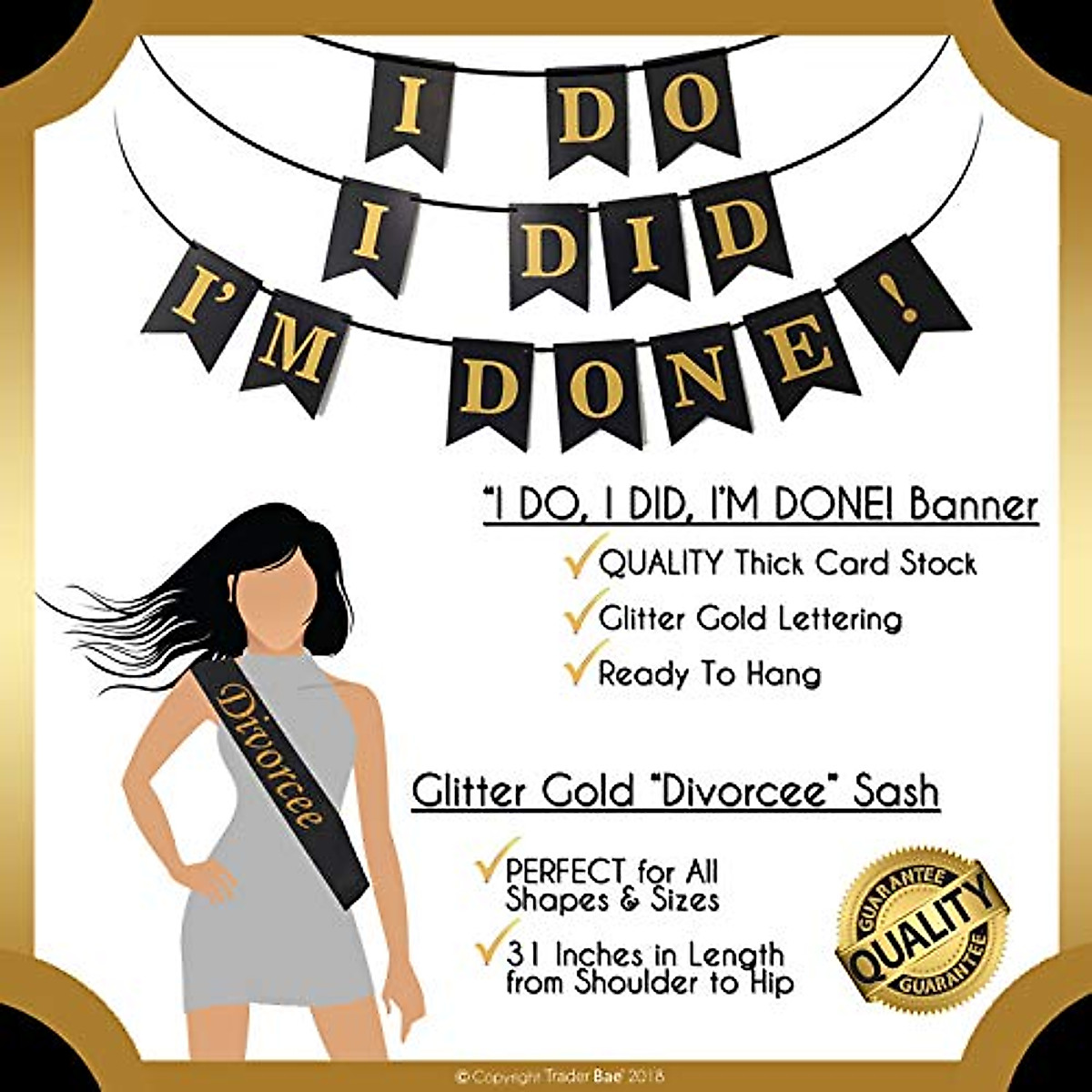Divorce Party Decorations Kit | 10 Divorce Photo Booth Props | I Do I Did I'm Done! Banner | Divorcee Sash | 10 Gold Confetti Balloons and 10 Black Balloons