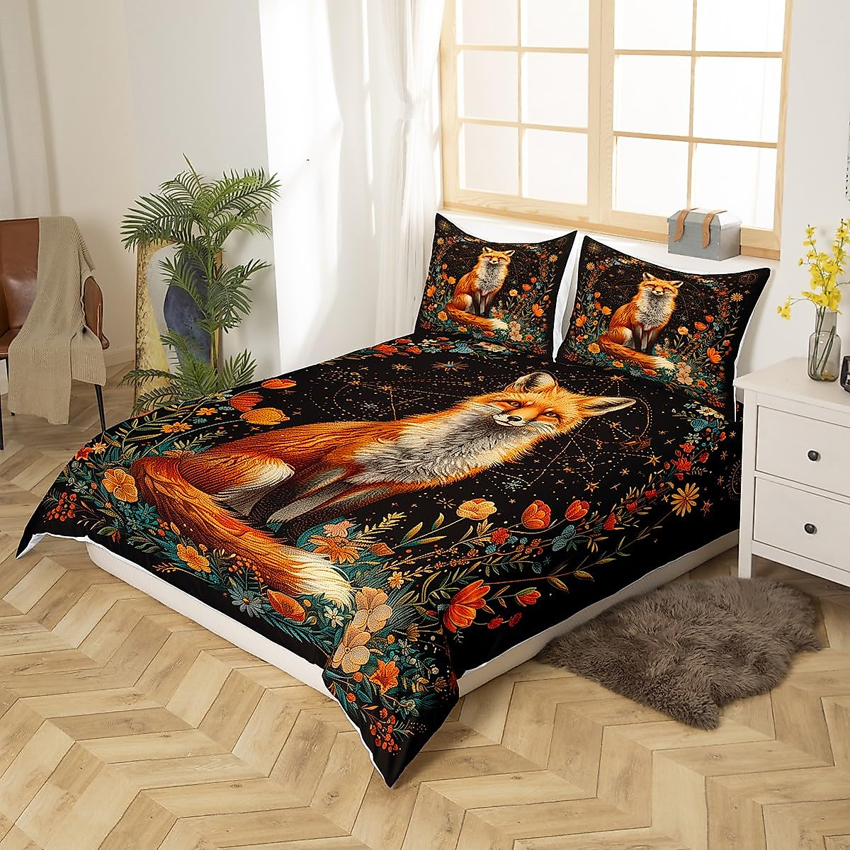 3D Fox Duvet Cover Set King Size,Twelve Constellations Botanical Comforter Cover 3Pcs,Flower Green Leaves Bedding Set for Kids Boys Teens Girls Room Decor,Wild Animal Bedspreads Cover,2 Pillowcases