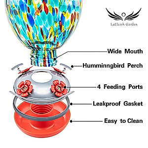 LaElvish Garden Hummingbird Feeder, 32OZ Hand Blown Glass Hummingbird Feeders for Outdoors Hanging, Built-in Ant Moat Wild Humming Bird Feeders, Yard Garden Gifts Decor (Merry)