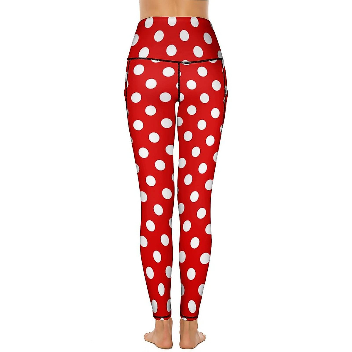 SKT T1 Polka Dot Yoga Pants for Women, White Dots Circle Round on Red Leggings with Pockets, Soft High Waist Women's Novelty Tights Tummy Control Workout Athletic Pants Activewear Leggings M