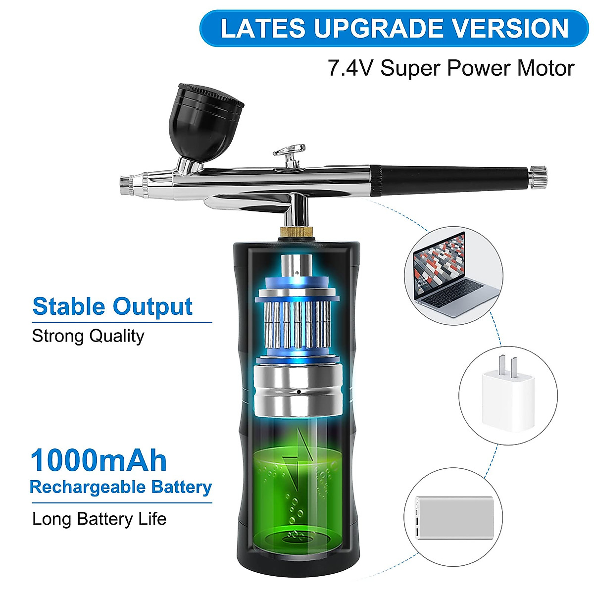 Nlapldy Airbrush Kit with Air Compressor, Upgraded 7.4V 34PSI Air Brush Gun Rechargeable Portable Cordless Air Brush Painting with 0.4mm Nozzle for Painting, Nail Art, Tattoo (Black)