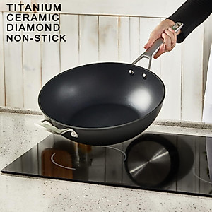 MsMk Titanium and Ceramic Nonstick Wok pan with lid，12.5 Inch Woks & Stir Fry Pans with Stay-Cool Handle，Flat Bottom Wok Suits for Induction, Electric, Gas, Halogen, All Stoves