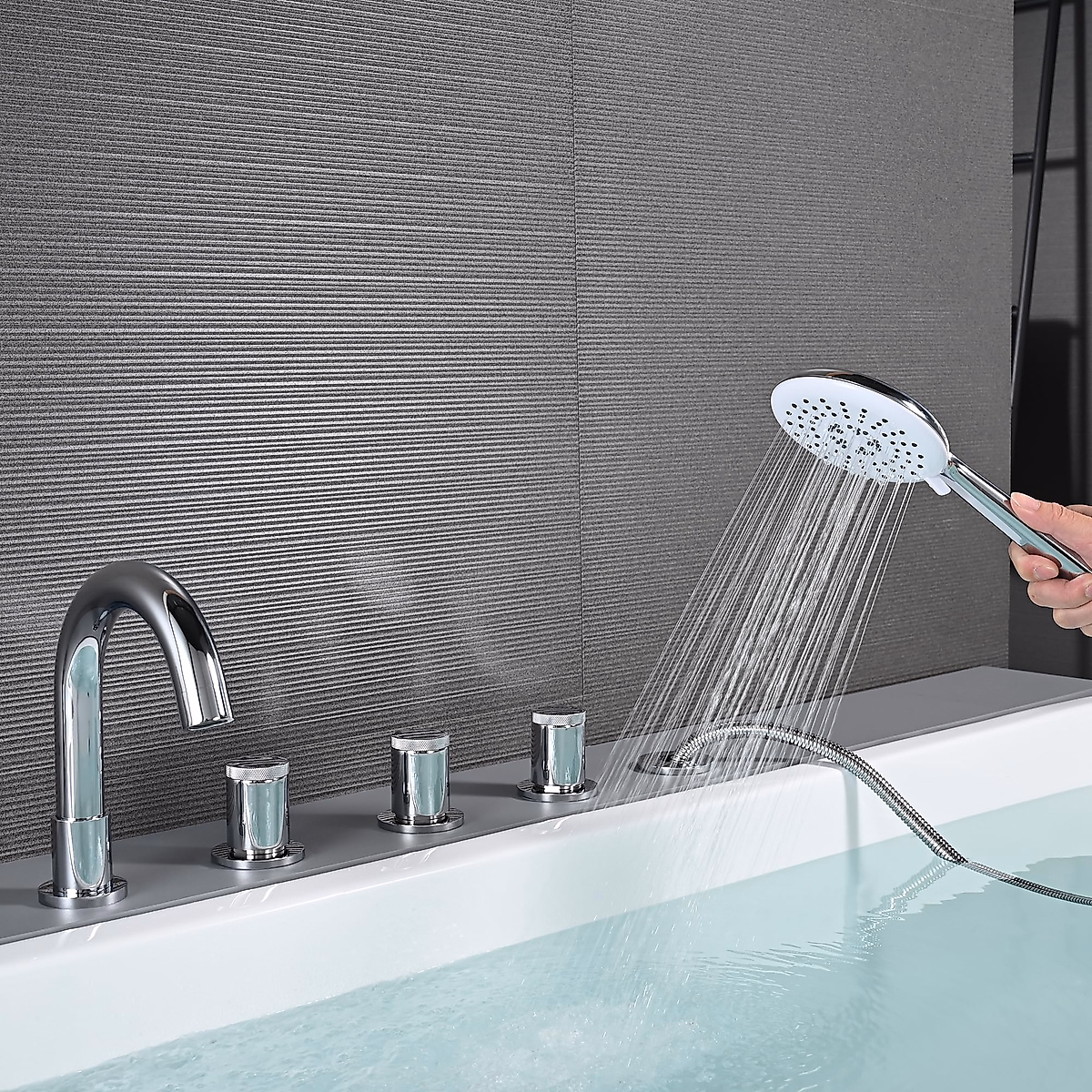 5 Hole Bathtub Faucet Chrome, Roman Tub Faucet with Sprayer, Deck Mount Tub Faucet, Three Handle Tub Faucet Set, High Flow Bath Tub Faucet Brass Tub Filler - JIAENLEMA