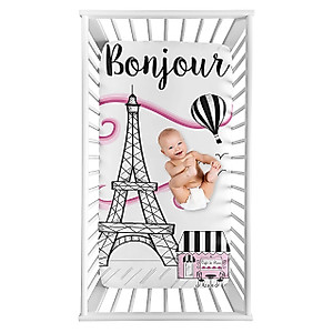 Sweet Jojo Designs Paris Girl Fitted Crib Sheet Baby or Toddler Bed Nursery Photo Op - Hot Pink, Black and White Eiffel Tower Striped Hot Air Balloon