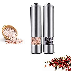 Electric Salt and Pepper Grinder Set Automatic Battery Operated Stainless Steel Spice Mills One Handed Push Button Peppercorn Grinders and Mills