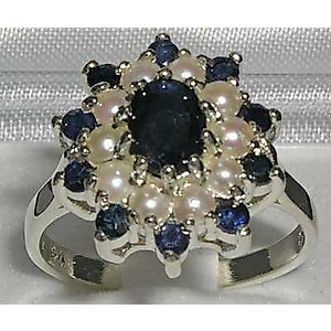 LetsBuyGold 925 Sterling Silver Real Genuine Sapphire and Cultured Pearl Womens Band Ring - Size 7