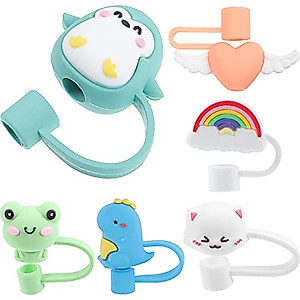 SEWACC Silicone Straw Tips Cover 6pcs Reusable Straw Cover Caps Cartoon Pattern Drinking Straw Plugs for Straws Party Birthday