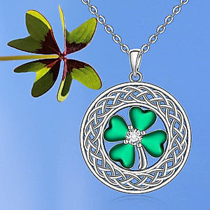 Shamrock Necklace St Patricks Day Four Leaf Clover Necklaces for Women Sterling Silver Celtic Knot Irish Green 4 Leaf Clover Jewelry Pendant Lucky Saint Patricks Gifts