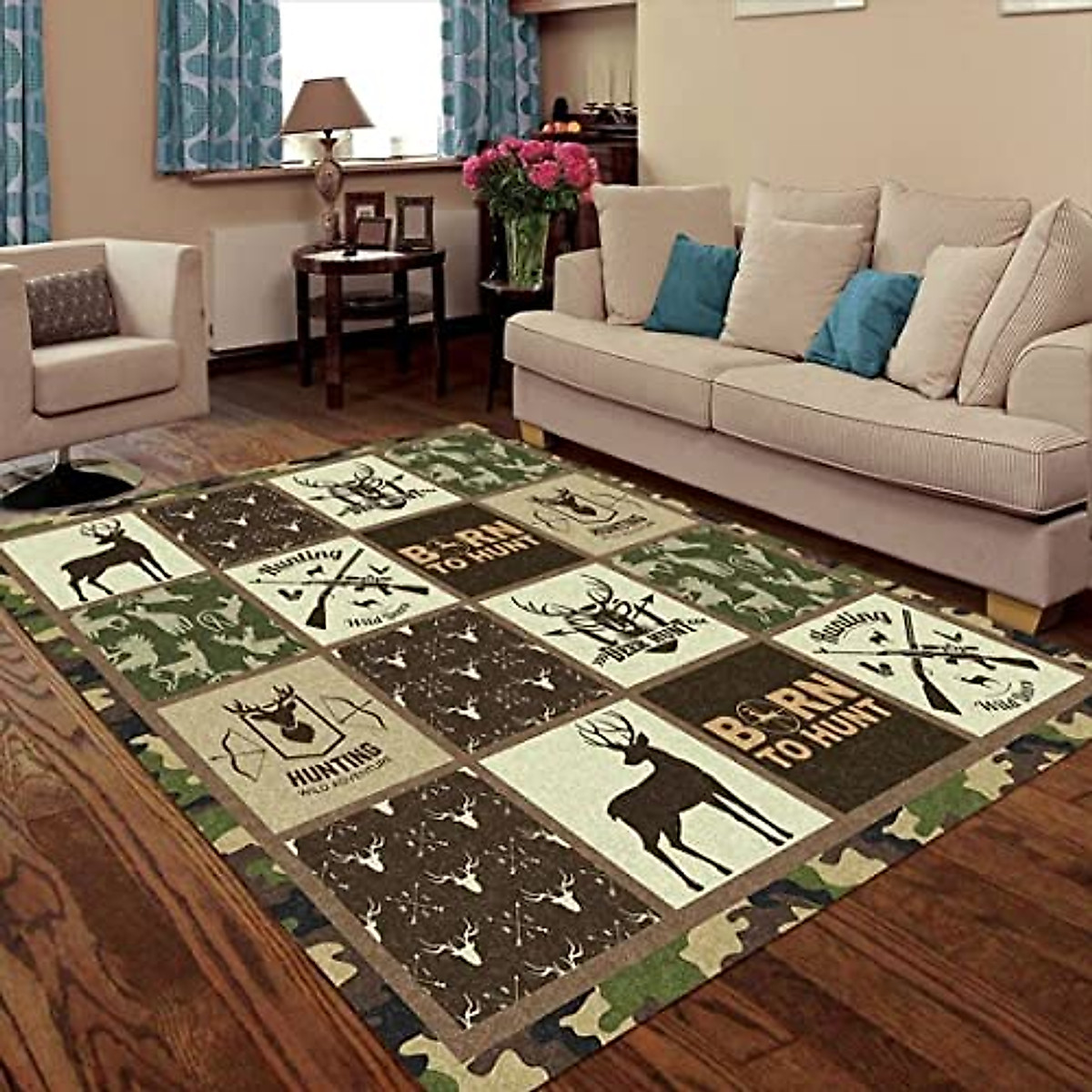 Satigi Deer Hunting Rug, Born to Hunt Rug, camo Area Rugs 5x7, Boho Rug Non-Slip Soft Bath Kitchen Living Room Carpet Outdoor Room Bathroom Rug Memory Foam Decor 2x3 3x5 4x6 5x8 Area Rug