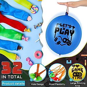 32 Pcs Video Game Punch Balloons Pixelated Punch Ball Pixel Video Game Punching Balls Latex Punch Balls Toys for Fun Games, Birthday Party Favors Supplies, Goodie Bag Filler (Blue, Red, Yellow, Green)