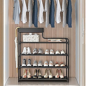 GNQJDC 4-Tier Shoe Rack Metal Shoe Organizer with 4 Fabric Shelves and Top Storage Basket Sturdy Durable Shoe Shelf for Closet Entryway Balcony Bedroom