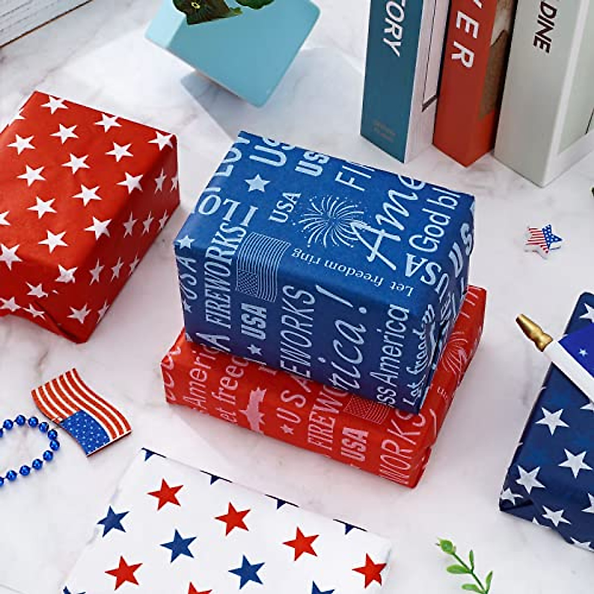 Whaline 120 Pcs Patriotic Tissue Paper Blue Red White Stars Stripe Wrapping Paper 4th of July Art Tissue Paper Art Crafts for DIY Gift Packaging Independence Day Party Decorations, 14x20 inch