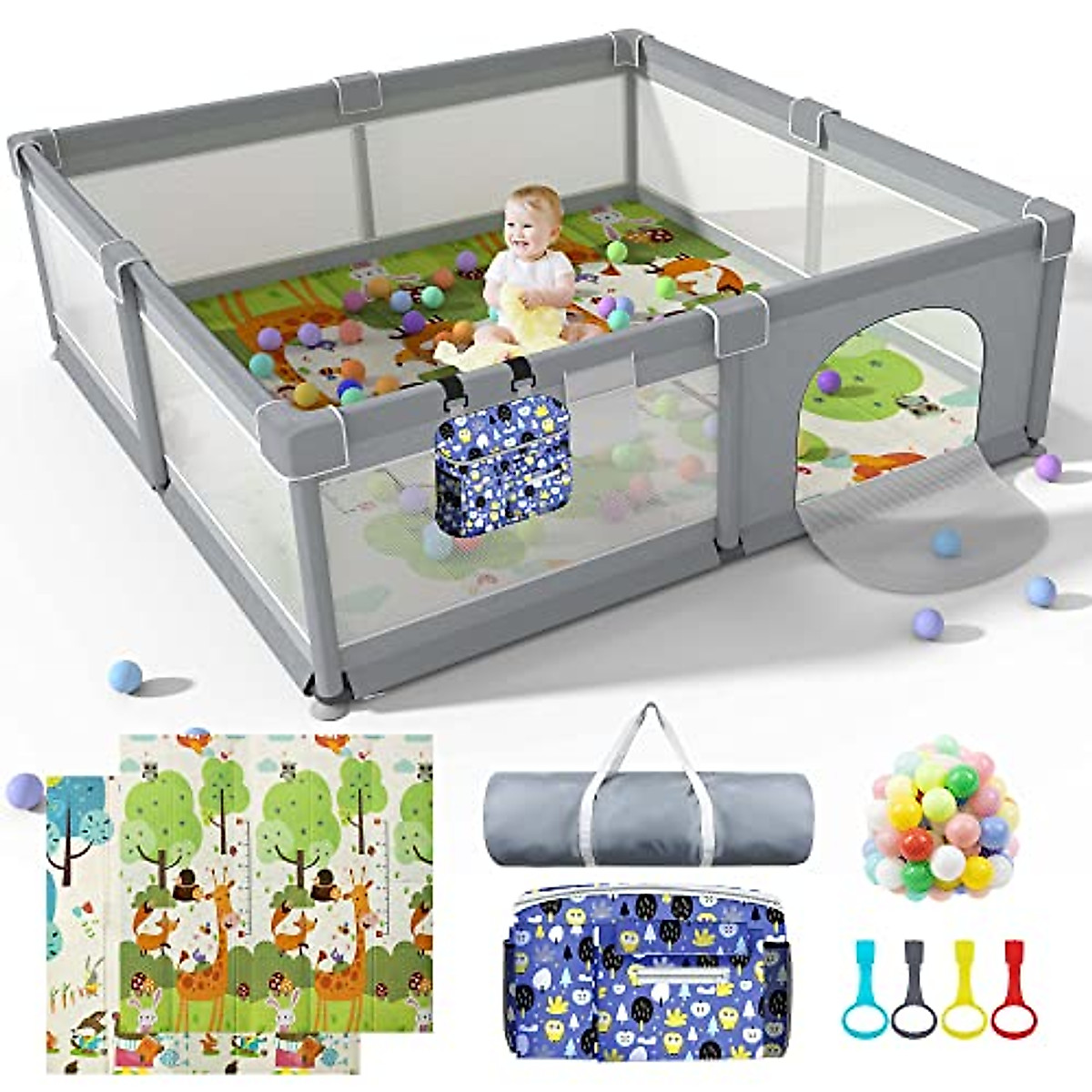 Baby Playpen 79" X 71" , LUTIKIANG Play Yard for Babies and Toddlers with Mat, Safety Extra Large Baby Fence Area, Indoor & Outdoor Kids Activity Play Center with Anti-Slip Suckers and Zipper Gate.