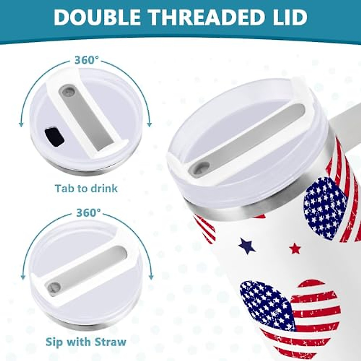 Joisal American Flag Hearts Pattern Insulated Tumbler Reusable Water Bottle with Straw Water Cups