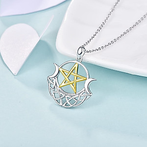 KINGWHYTE Triple Moon Goddess Necklace S925 Sterling Silver Pentagram Pentacle Pendant Celtic Necklace Magic Amulet Jewelry Gifts for Women