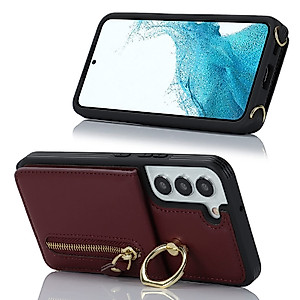 Jaorty for Samsung Galaxy S22 5G Phone Case for Women with Card Holder,Galaxy S22 Case Wallet Crossbody Lanyard with Strap,Credit Card Slots Kickstand Case with Ring Holder,6.1 Inch,Burgundy