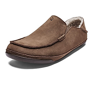 OLUKAI Kipuka Hulu Men's Leather Slippers, Premium Nubuck Leather Slip On Shoes, Shearling Lining & Gel Insert, Drop-In Heel Design, Toffee/Toffee, 12