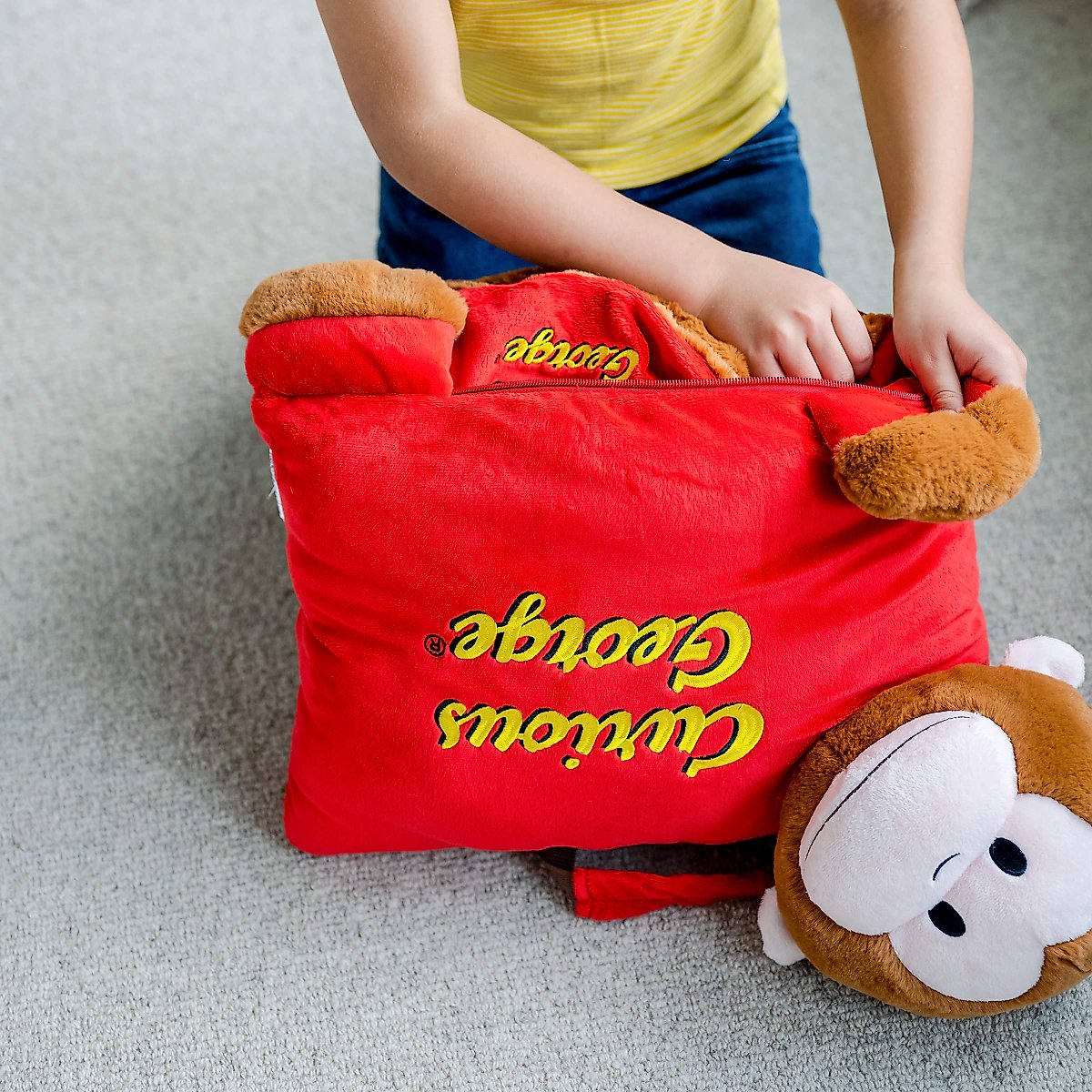 Animal Adventure®| Curious George®|Character Cuddle Combos™| 2-in-1 Stow-n-Throw Cuddle Bud with Carrying Handle & Zipper Pouch for Blanket Storage Set –29" W x 40" H Blanket