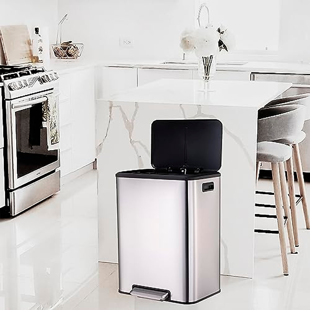 GAOMON 40 Liter/10.5 Gallon Trash Can, Rectangular Hands-Free Single Compartment Recycling Kitchen Step Trash Can with Soft-Close Lid, Stainless Steel Kitchen Garbage Can, Silver