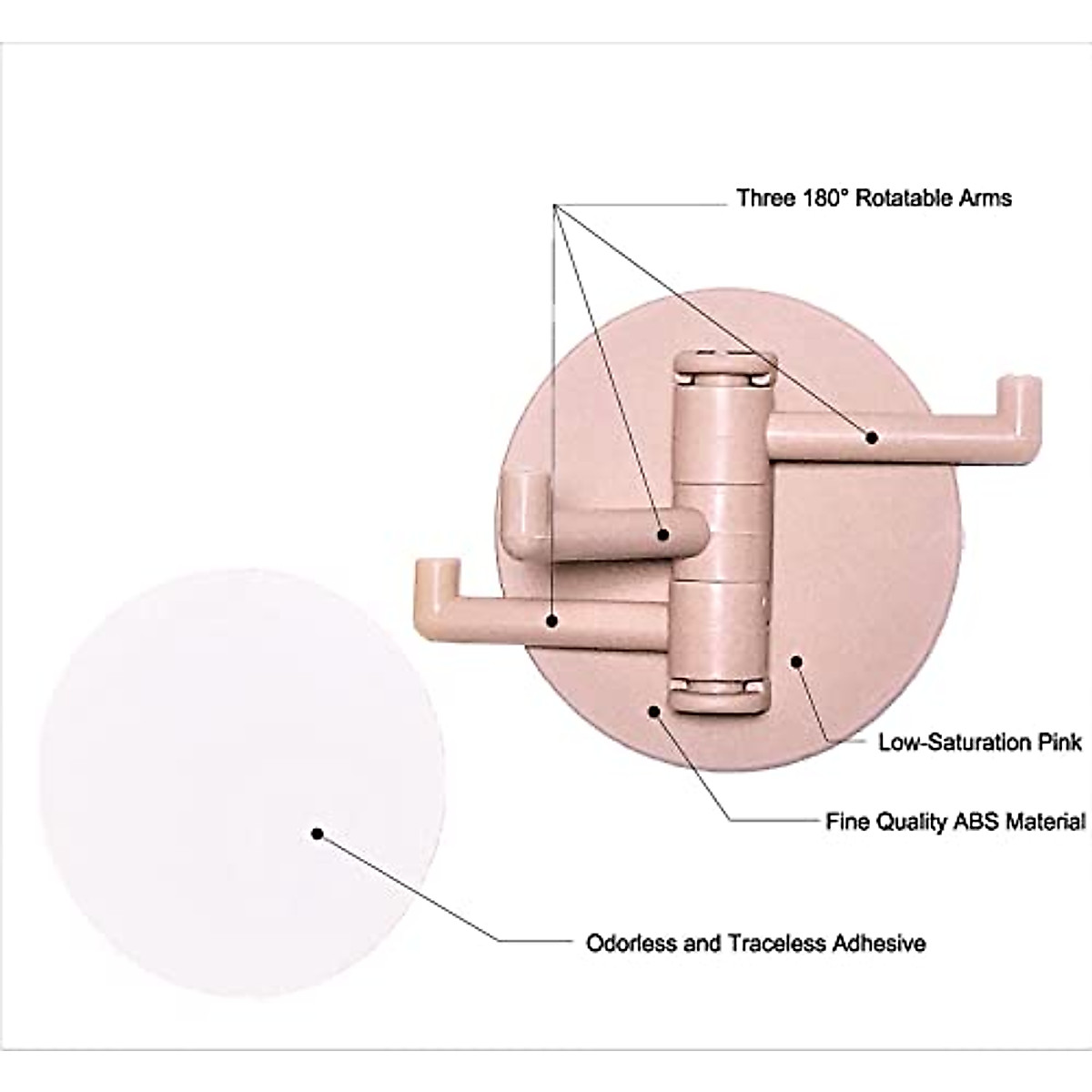 Fineget Wall Hooks for Hanging Adhesive Bathroom Kitchen Hooks Desk 3 Rotatable Arms Round Sticky Hooks Pnk 2 Pairs