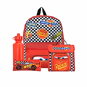 Disney Cars Backpack Set 4 Piece | Lightning McQueen Backpack Pencil Case Water Bottle and Lunch Bag | Children's Backpacks For School And Adventures | Official Cars Merchandise