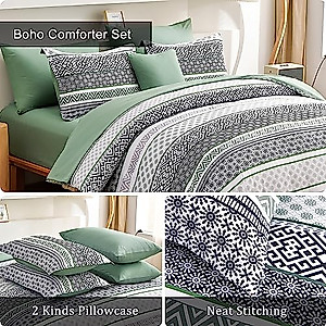 Luxudecor Boho Comforter Set Queen Size 7 Piece, Green Bohemian Bed in a Bag, Striped Comforter and Sheet Set, Soft Microfiber Bedding Set for All Season(Green, 90"x90")