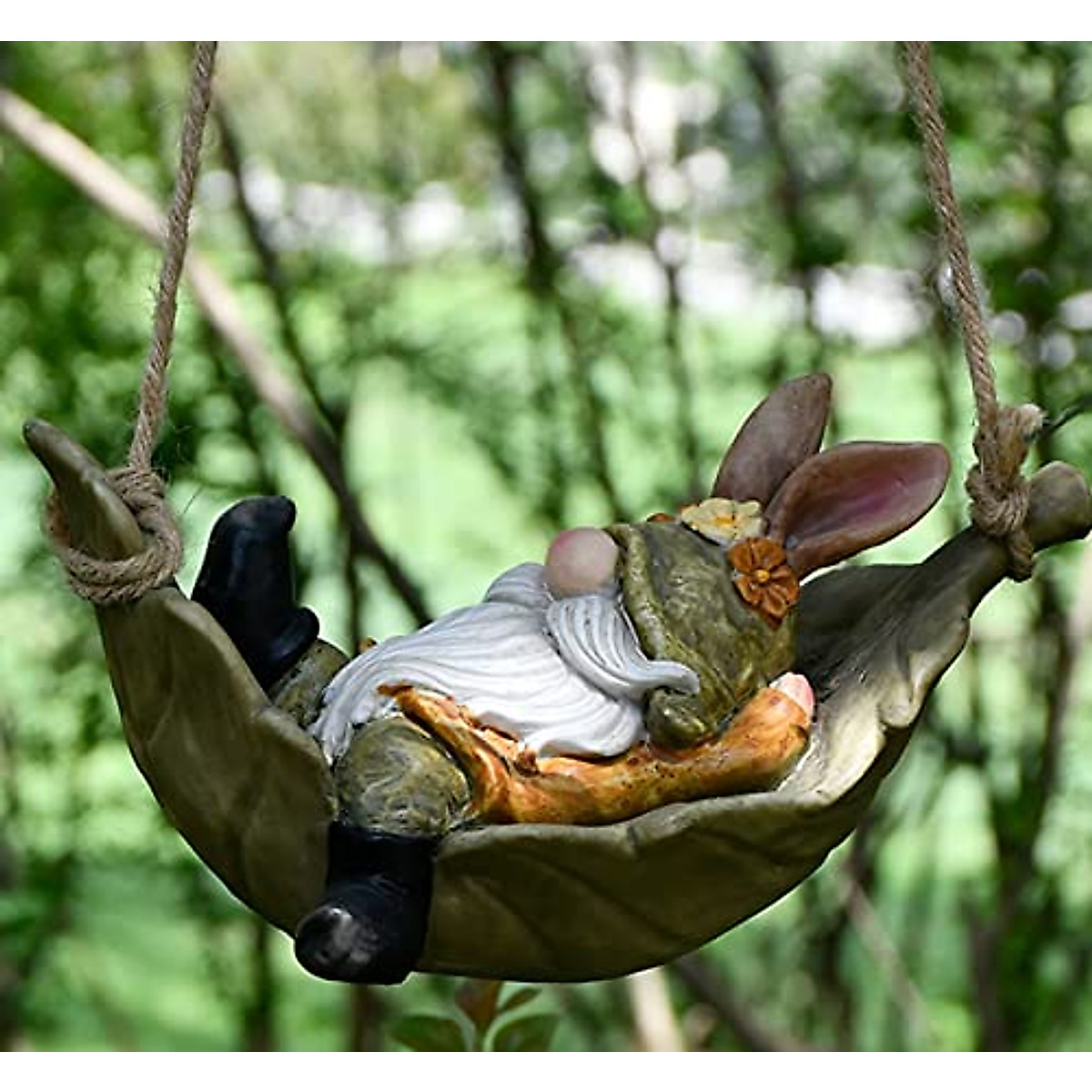 Gardenfans Garden Gnomes Statue Outdoor Decoration Hanging Tree Outside Swinging Leaf Hammock Figurine Resin Fairy Garden Decor for Patio Yard