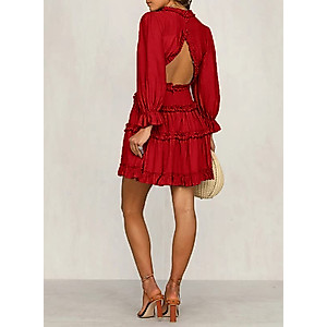 Dokotoo Women's Cute Summer Summer Spring Casual Sexy Deep V Neck Ruffle Chiffon Lantern Bell Sleeve Elegant Boho Hawaiian Flowy Mini Short Skirt Dresses for Women Party 2025 Red X-Large