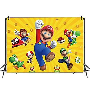 Cartoon Super Brother Boy Backdrop Gold Coin Video Game Adventure Kart Background Super Bros Uncle Mushroom Birthday Party Banner Baby Shower 7x5FT, 7x5FT(210x150cm)