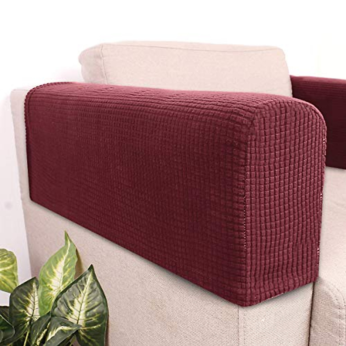 SEWACC Chair Arm Protectors Universal Sofa Armrest Cover Stretch Armchair Slipcover Protector Elastic Recliner Couch Loveseat Cloth 2pcs for Home Office (Claret)