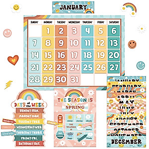 Updated 62Pcs Retro Bulletin Board Borders Classroom Decorations Calendar Season Weather Week Chart Educational Posters Retro Classroom Decor Theme Sets for Kindergarten Home School Classroom Supplies