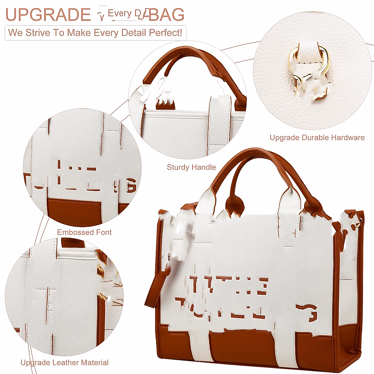 MUMEE Tote Bag For Women, The Leather Tote Bag with Zipper Shoulder Crossbody Handheld Bag for Work Office Travel (WhiteBrownA)