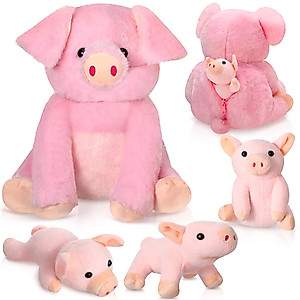 Zomiboo 4 Pcs Pig Plush Stuffed Animals Set Mommy Pig Stuffed Animal with 3 Baby Plush Piggy in Her Tummy Mommy Pig and Baby Small Plush Pig Valentine's Day Birthday Gift for Toddlers Boys Girls