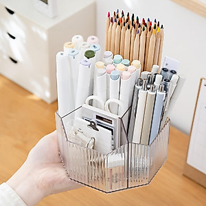 INSTOME Clear Pen Holder,360°Rotating Pen Holder for Desk Organizer,5 Compartments and Makeup Brush Holders,Multifunctional Office Supplies for Home,Teachers and School (clear)