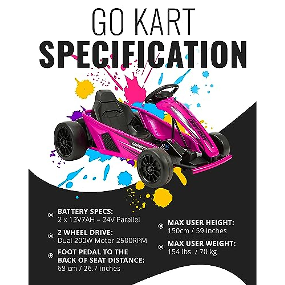 Hyper 24V Ride-On Electric Go Kart for Kids 8-14 Years, 3-Speed Setting with Drift Kart Mode, Foot Accelerated Pedal, Up to 9MPH Speed, 154 Lbs Max Weight, Ergonomic Seat & Sturdy Steel Frame, Pink