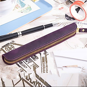 AIGUONIU Retro Crazy Horse Genuine Leather Stationery Pencil Case Storage Bag Casual Stationery Box (Purple)