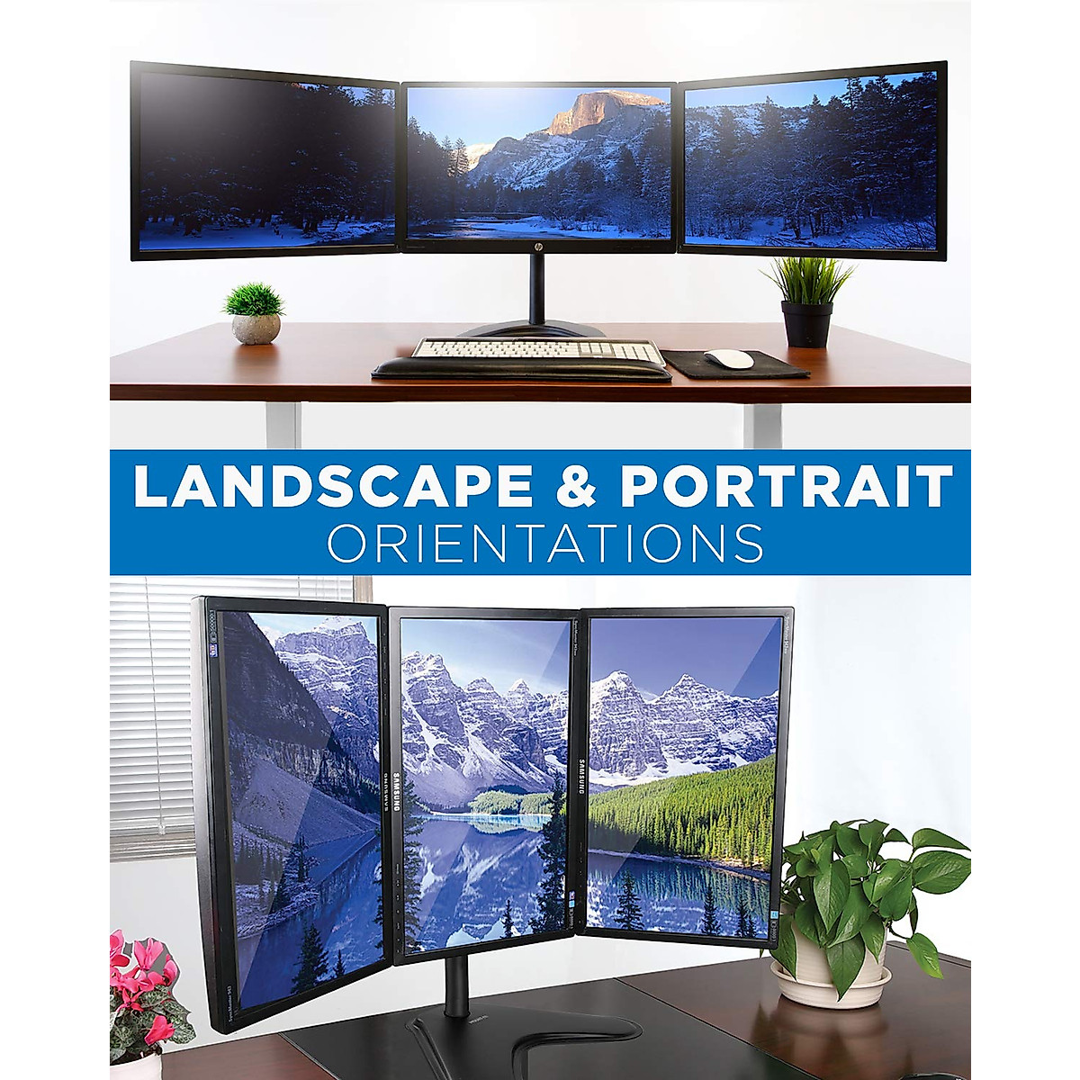 Mount-It! Triple Monitor Stand | 3 Monitor Stand Fits 19 20 21 22 23 24 Inch Computer Screens | Free Standing Base | Three Heavy Duty Full Motion Adjustable Arms | VESA Compatible