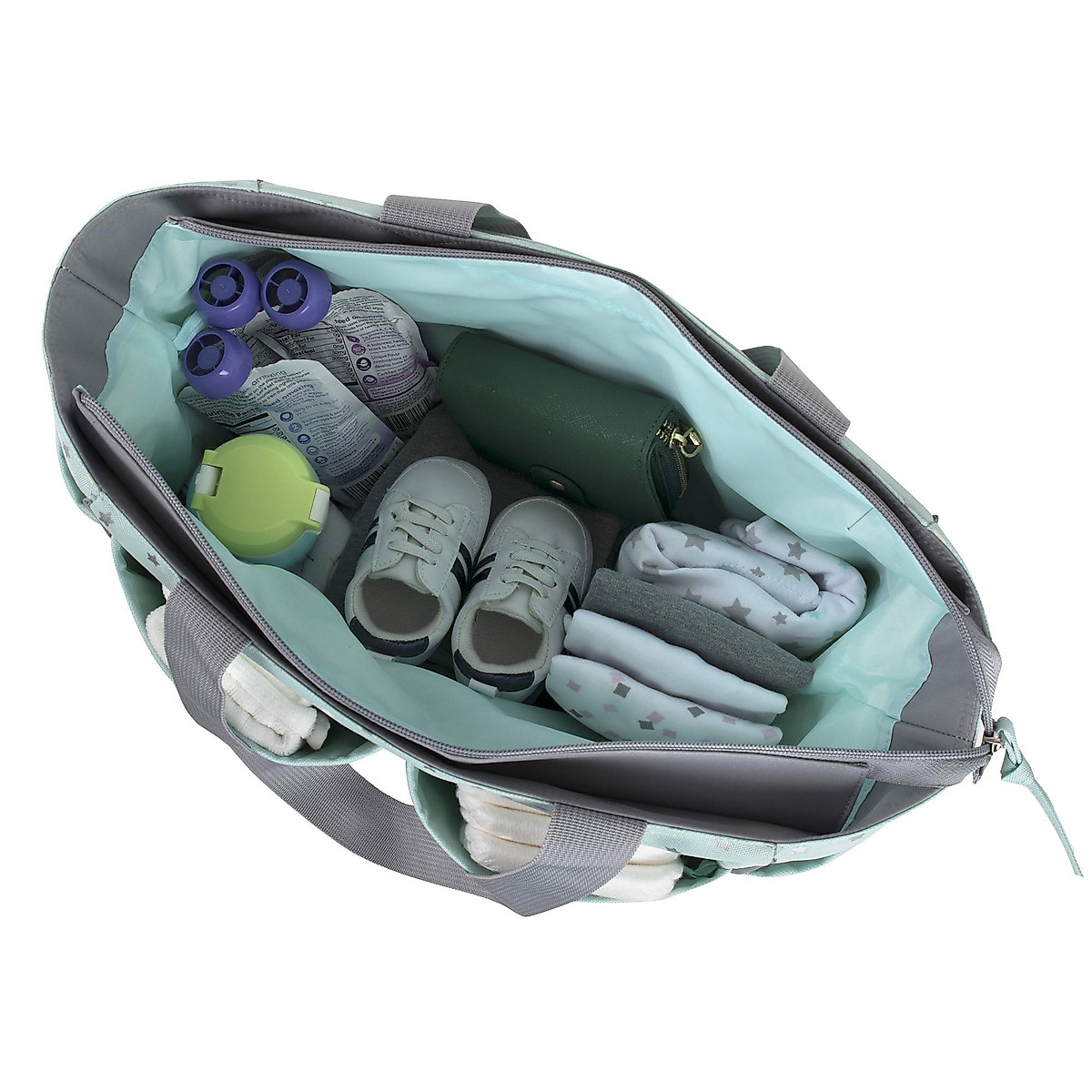 Diaper Bag Tote 5 Piece Set with Sun, Moon, and Stars and Baby Portable Changing Pad, Diaper Bag, Travel Mat Station Gift Set
