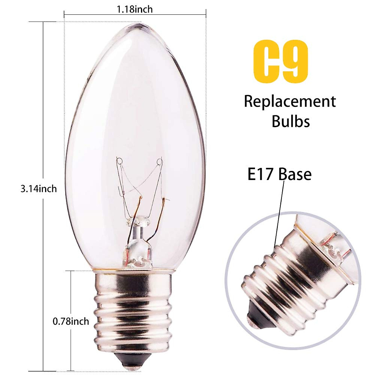SUNSGNE 25 Pack C9 Clear Replacement Bulbs, C9 Christmas Light Bulbs Clear Incandescent Bulbs for Christmas Vintage String Light, E17 Intermediate Base, 7 Watt, Clear