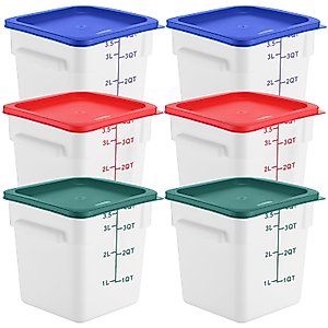 Ziliny 6 Pieces 4 Quart Commercial Food Storage Containers with Lid Translucent Container with 3 Color Lids for Freezer Flour Sugar Baking Bread Restaurant, Square