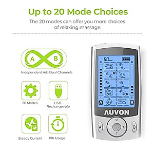 AUVON Dual Channel TENS Unit Muscle Stimulator Machine with 20 Modes, 2" and 2"x4" TENS Unit Electrode Pads