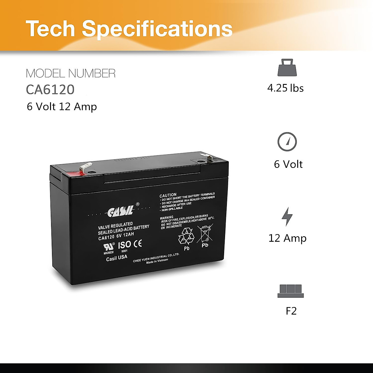 Casil CA6120 6V 12Ah Battery - 12Amp, 6V AGM Deep Cycle Battery, SLA Battery F2, VRLA Replacement, Emergency Light Battery 6V 12Ah - 2 Pack